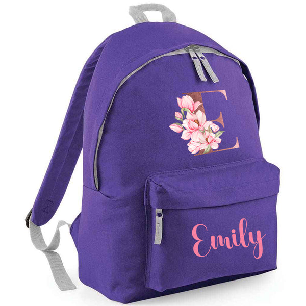 Personalised Floral Letter Initial Backpack for Girls Large 18L Kids R ...